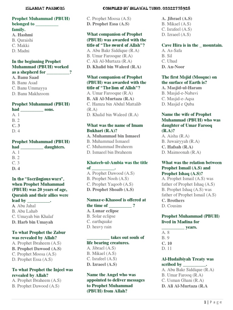 Islamiat PakMcqs1 | PDF | Muhammad | Surah