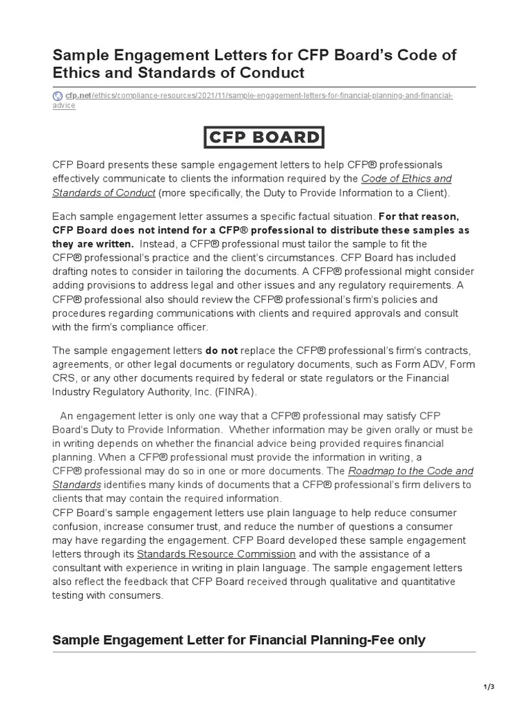 Sample Engagement Letters For CFP Boards Code of Ethics and Standards ...