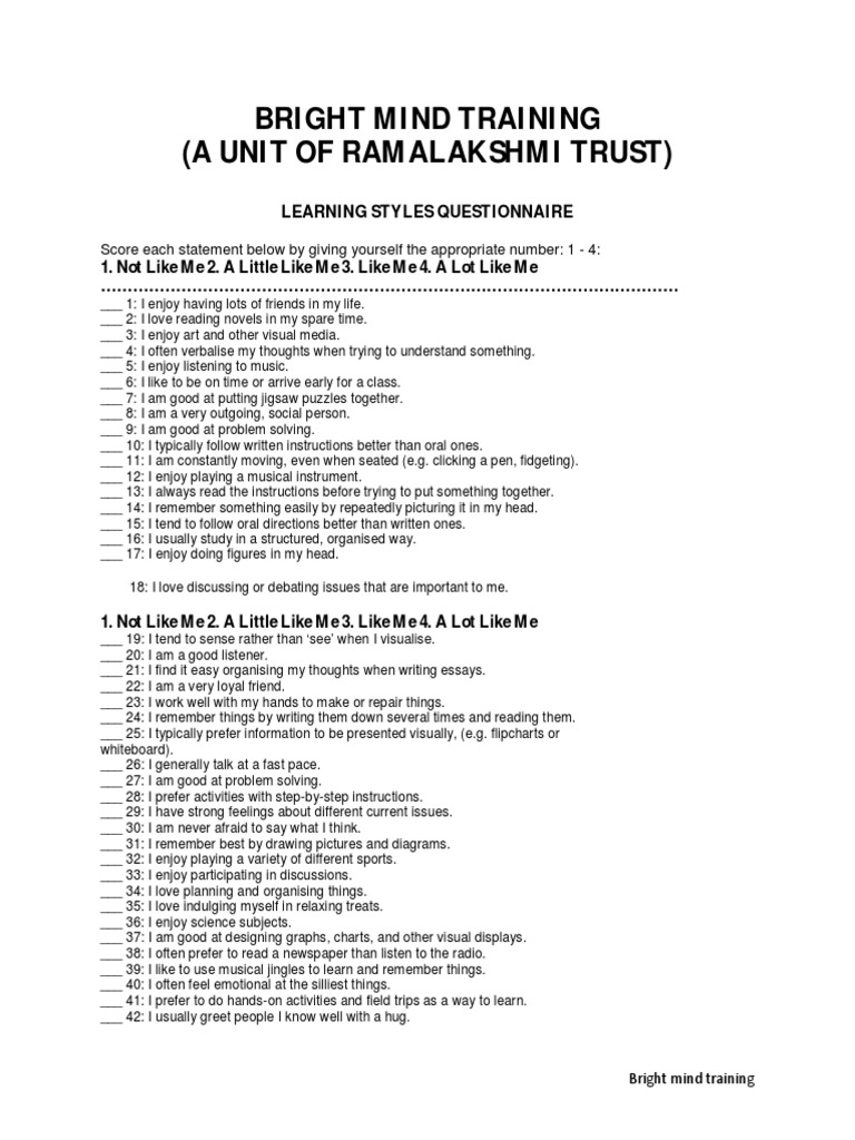 Learning Style Questionnaire | PDF | Neuropsychological Assessment ...