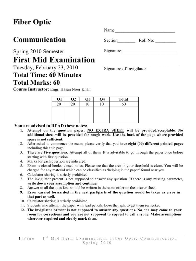 1st Midterm Examination, Fiber Optic Communication - Spring 2010 | PDF ...