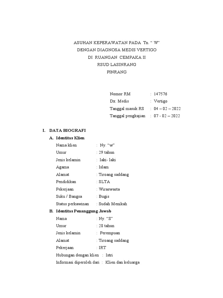 Asuhan Keperawatan Vertigo Tn. "W" | PDF | Kesehatan Holistik | Gaya Hidup