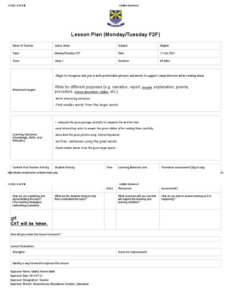 Lesson Plan (Monday/Tuesday F2F) | PDF | Reading Comprehension | Linguistics