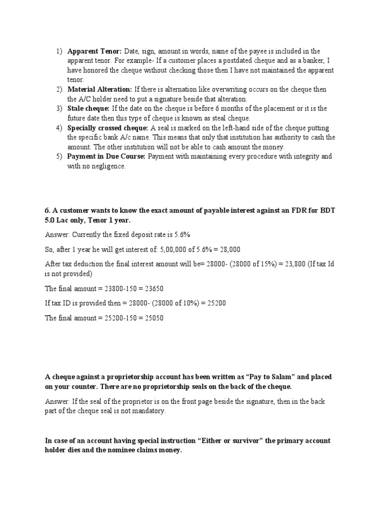 Answer of Bank Questions | PDF | Cheque | Payments