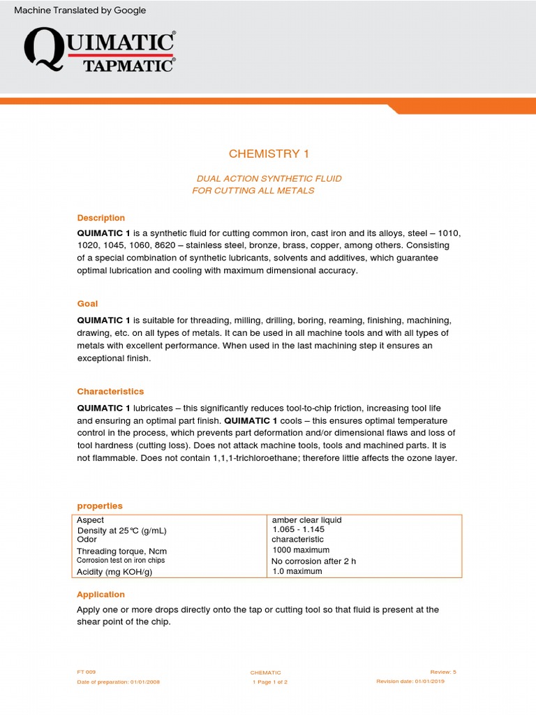 Quimatic 1: Synthetic Cutting Fluid | PDF | Metals | Machining