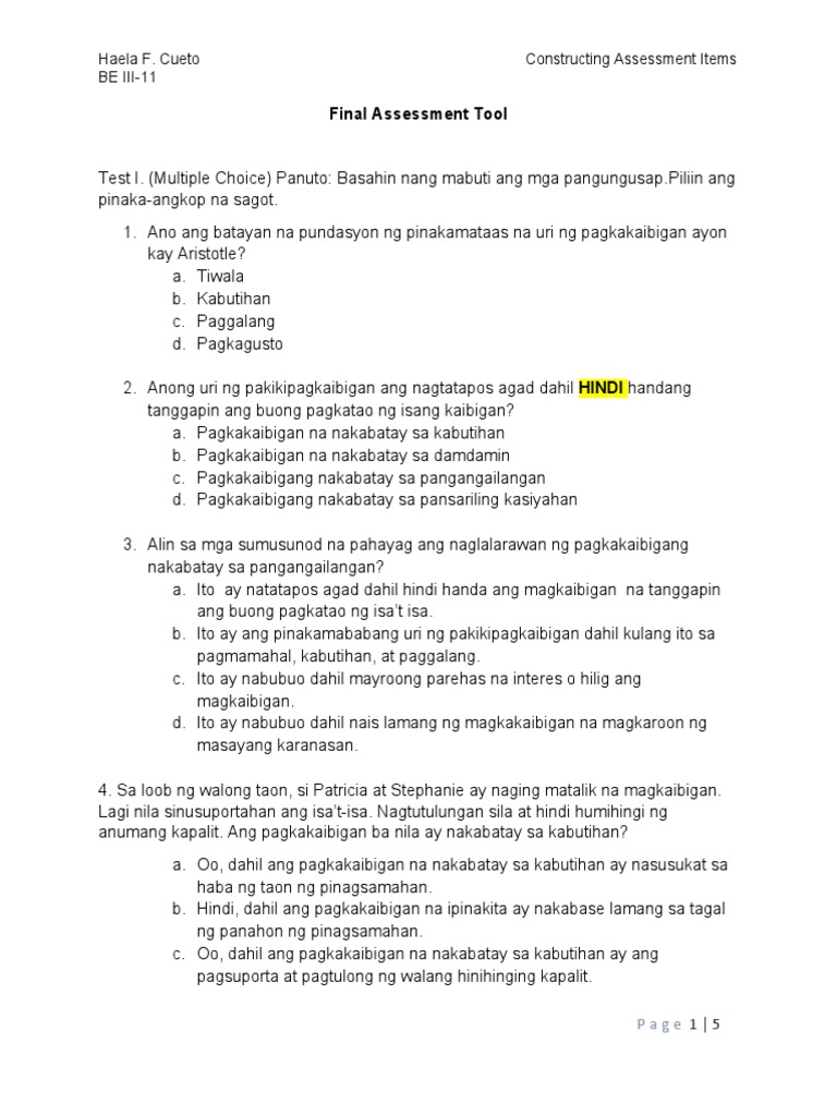 Final Assessment Tool | PDF