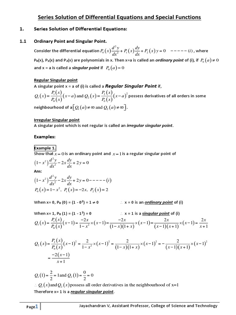 Series Solution of Differential Equations and Special Functions | PDF ...