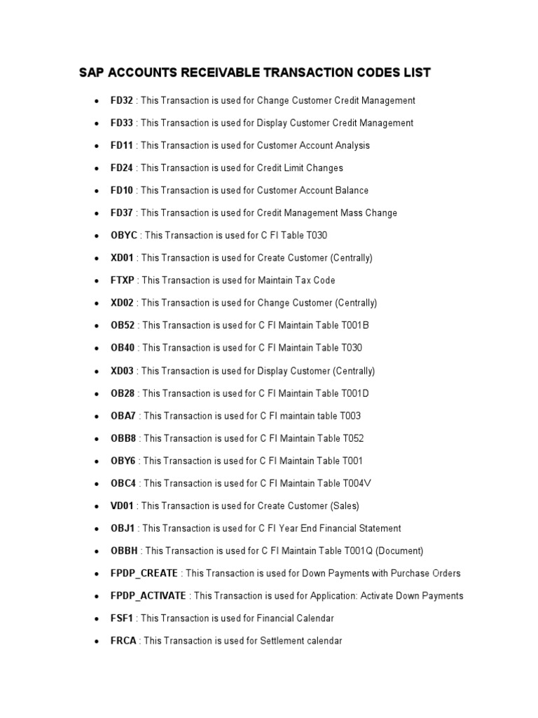 SAP Accounts Receivable Transaction Codes | PDF