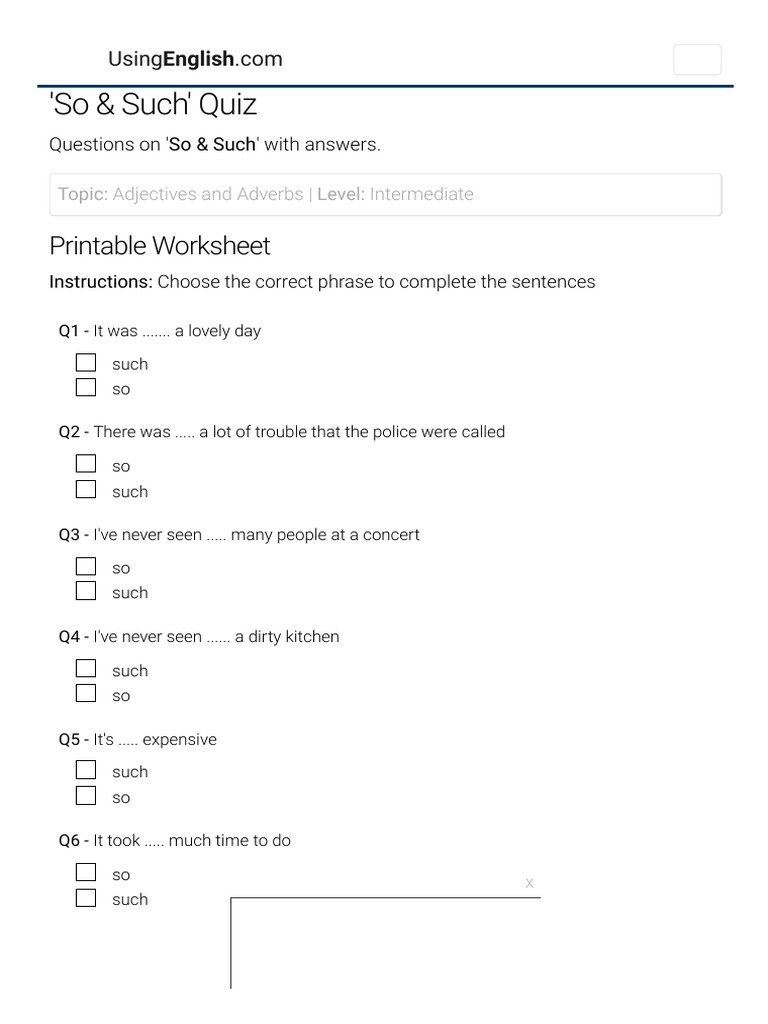 'So & Such' Quiz - Exercise & Worksheet | PDF | Syntax | Language Mechanics