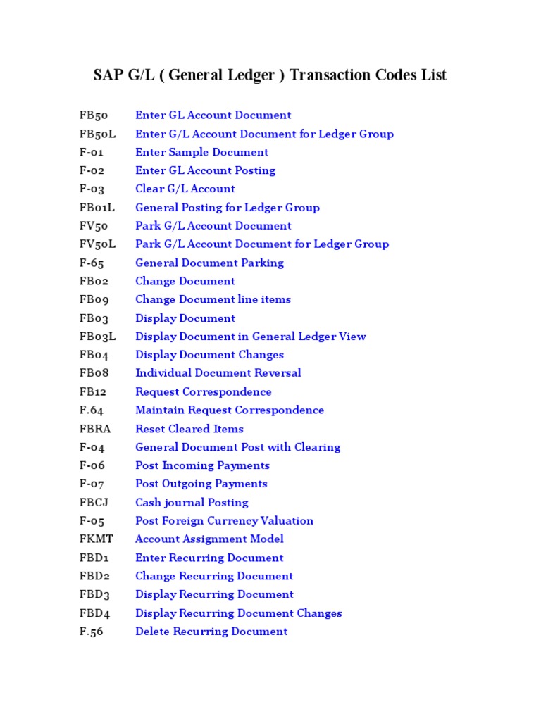 SAP G/L (General Ledger) Transaction Codes List | PDF | Banking | Business