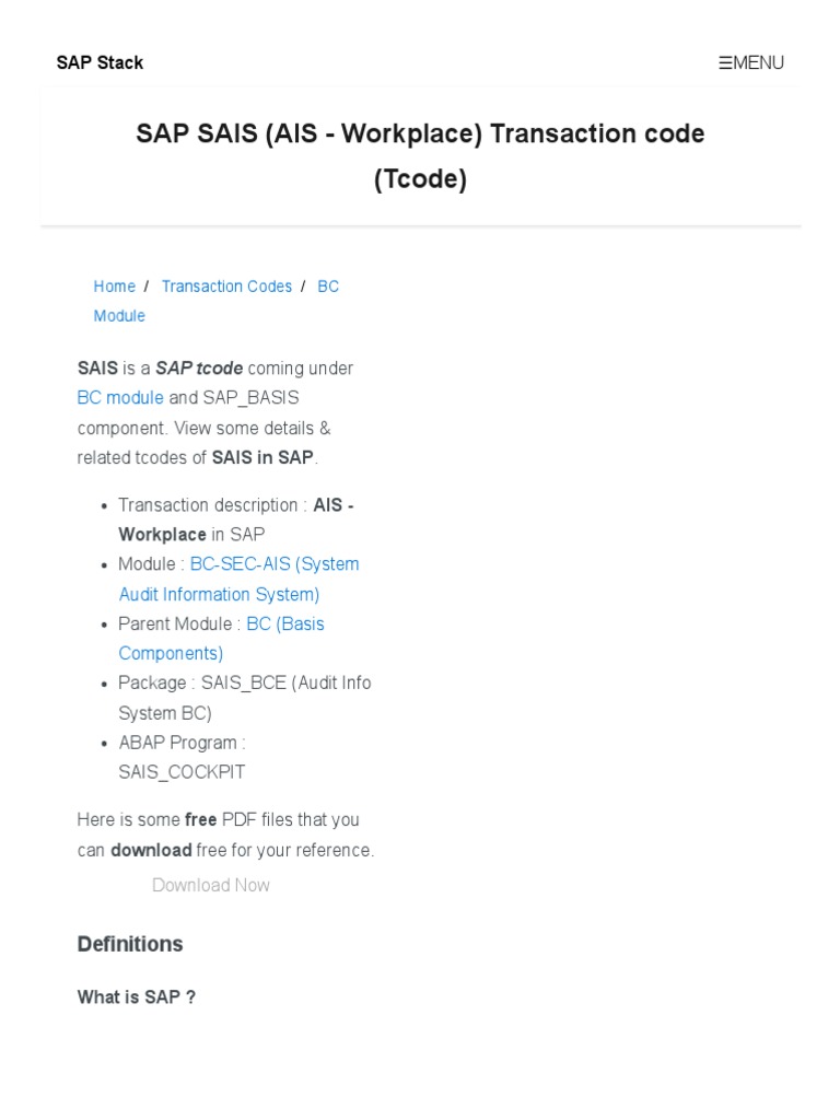 Sap Sais Transaction Code Ais Workplace Tcode In Sap Pdf Software Engineering Computer