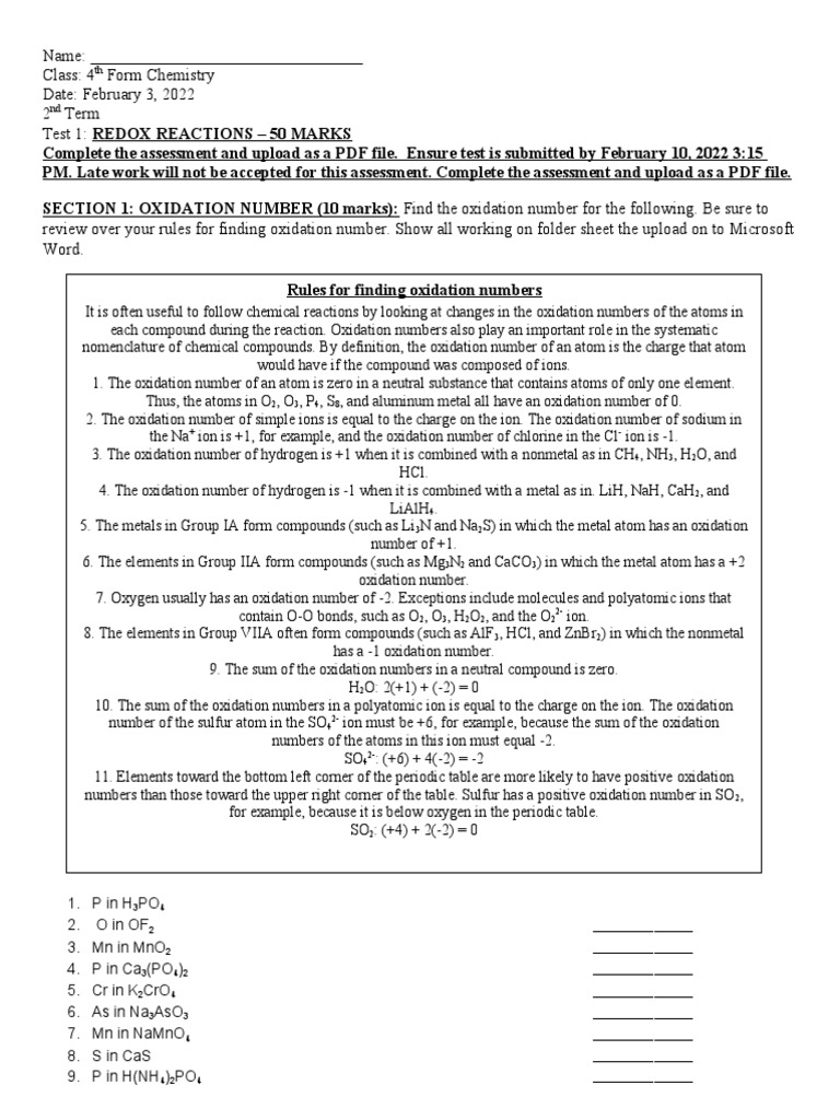 Test 1 - Redox Reactions | PDF | Redox | Chemical Compounds