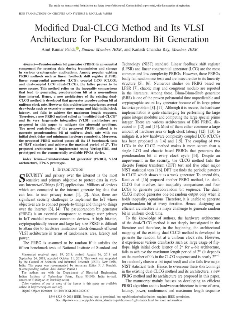 Modified Dual Clcg Method And Its Vlsi Architecture For Pseudorandom Bit Generation Pdf