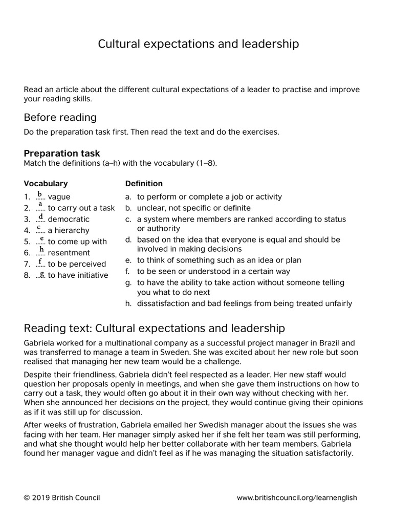 Cultural Expectations and Leadership: Before Reading | PDF | Leadership ...