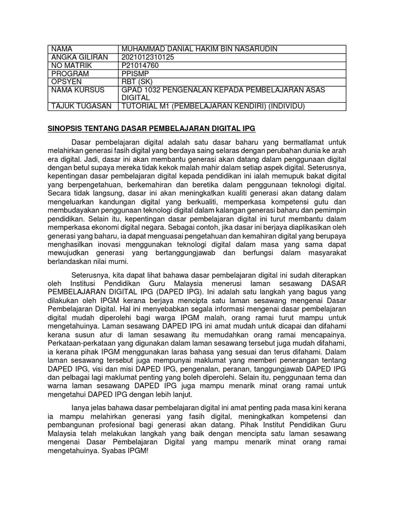 Tutorial M1 (Pembelajaran Kendiri) (Individu) | PDF