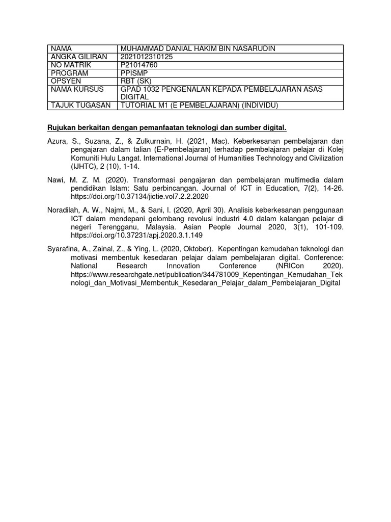 Tutorial M1 (E Pembelajaran) (Individu) | PDF | Komputer
