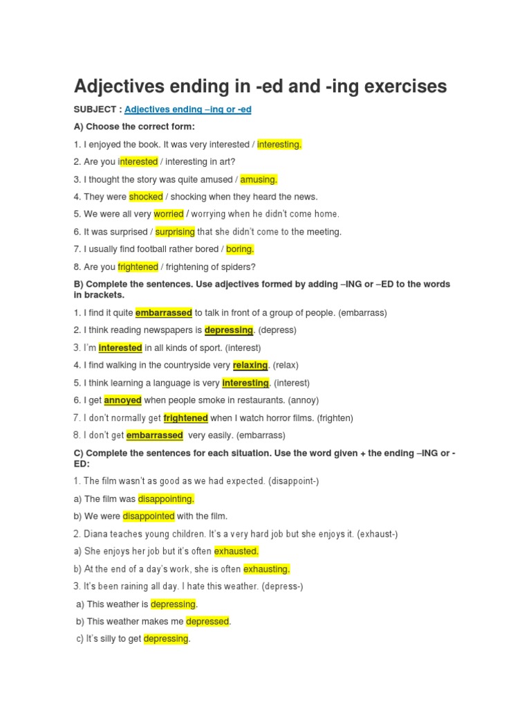 Adjectives Ending in - Ed and - Ing Exercises | PDF