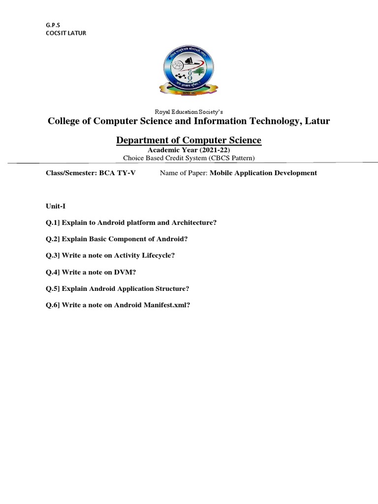 Unit-I Question Set | PDF | Android (Operating System) | Software Engineering