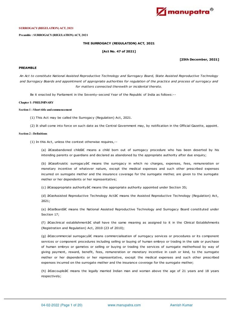 Surrogacy Regulation Act, 2021 Overview | PDF | Surrogacy | Mother