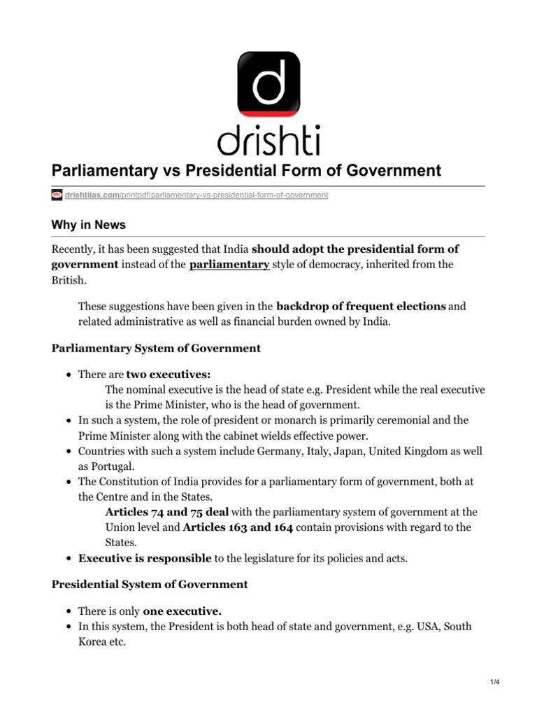 Parliamentary Vs Presidential Form of Government | PDF | Parliamentary ...