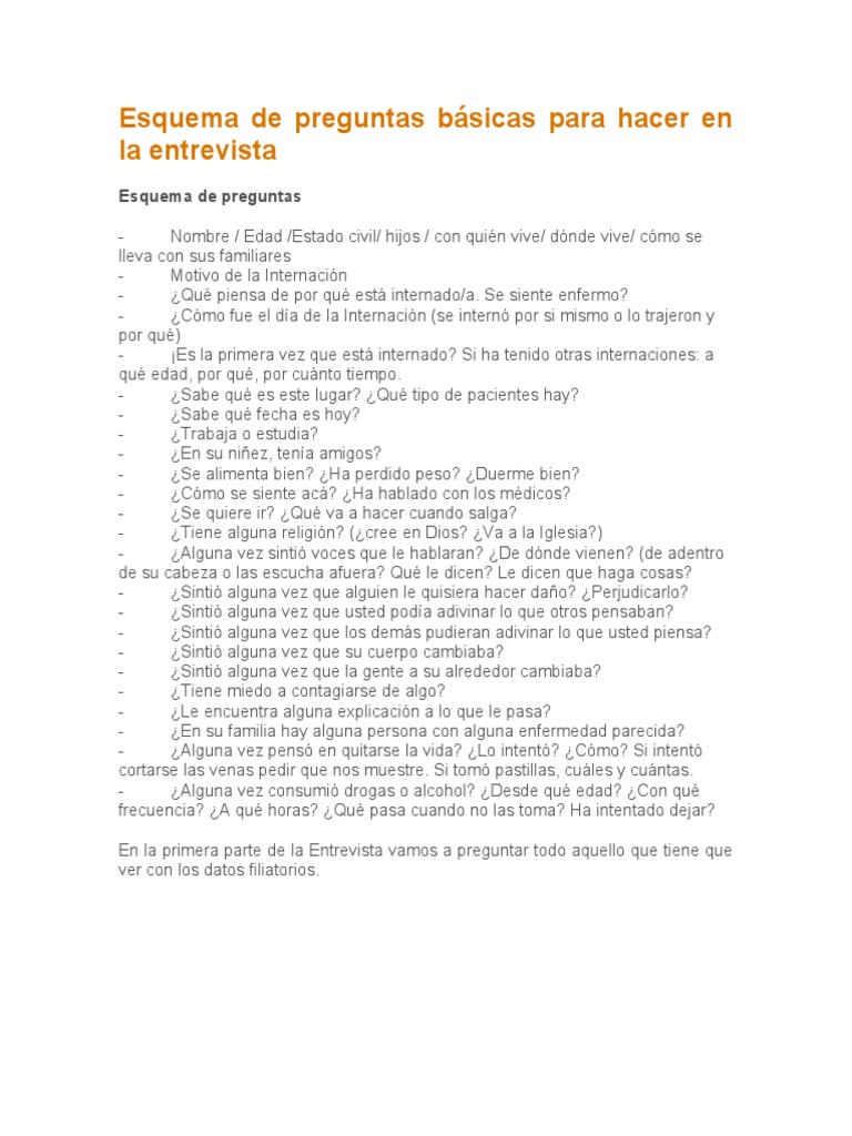 Esquema de Preguntas Básicas para Hacer en La Entrevista | PDF | Esquizofrenia | Engaño