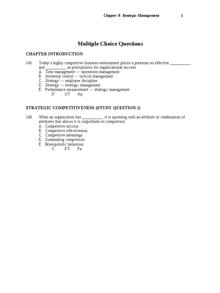 Chapter 9: Strategic Management Test | PDF | Strategic Management ...