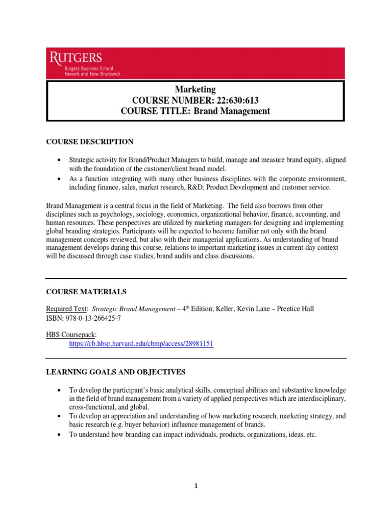 Marketing COURSE NUMBER: 22:630:613 COURSE TITLE: Brand Management ...