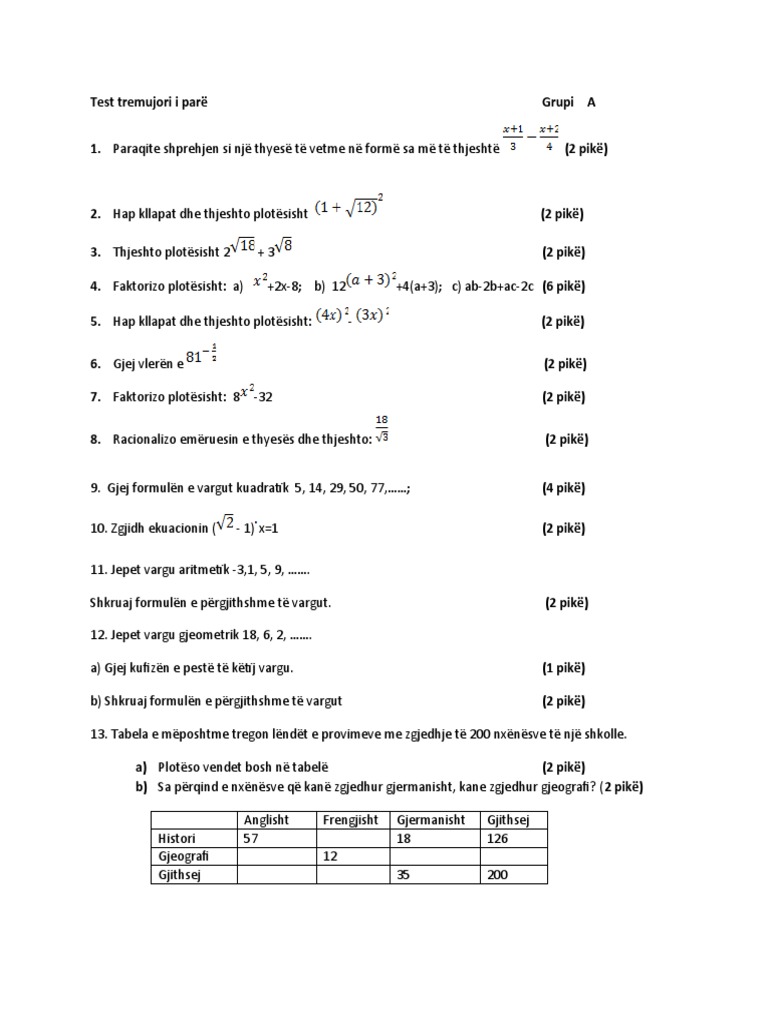 Matematika 10 Test Tremujori I | PDF