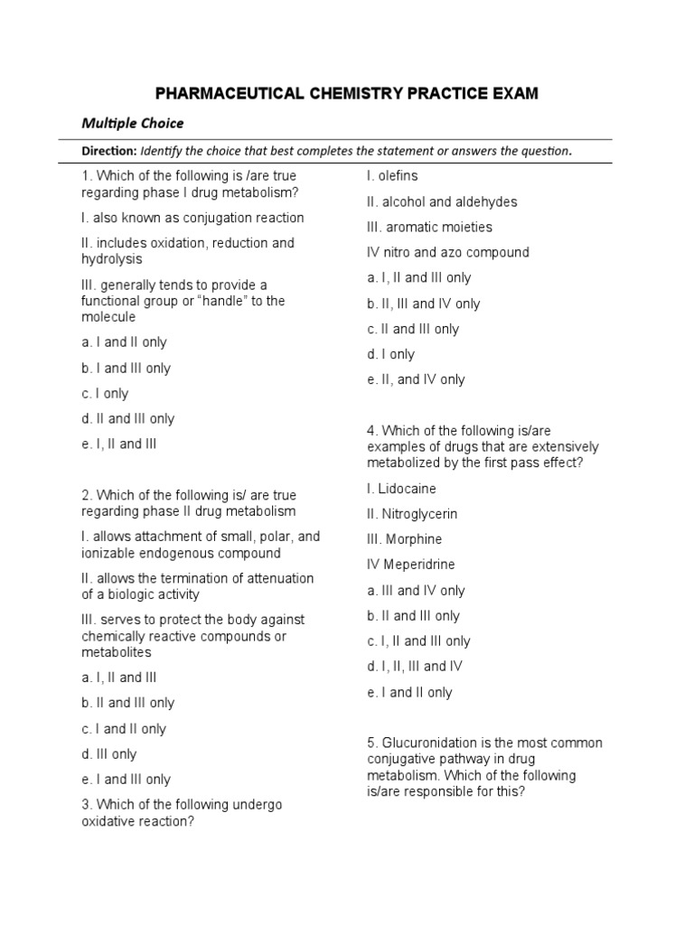 Pharmaceutical Chemistry Practice Exam | PDF | Drug Metabolism | Chemistry
