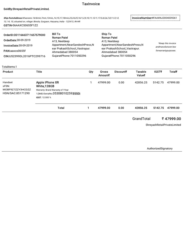 Iphone XR Bill | PDF