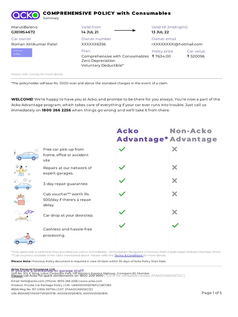 ACKO Car Insurance-Jul'21 | PDF | Insurance | Deductible