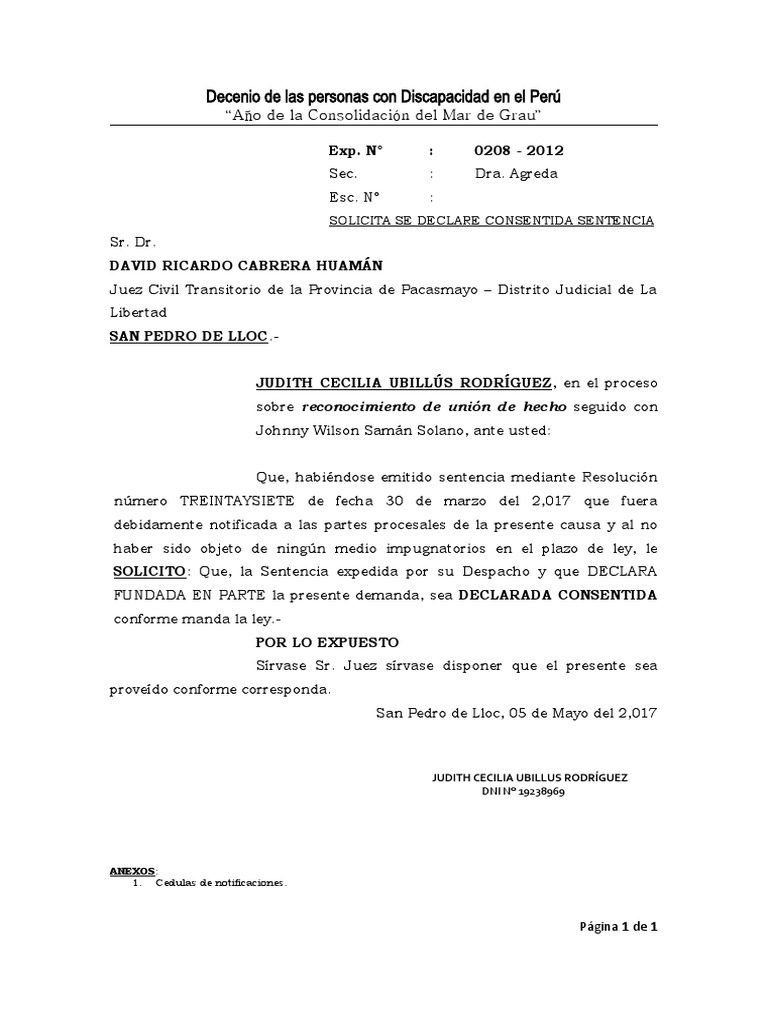 Union de Hecho-Solicita Se Declare Consentida Sentencia | PDF