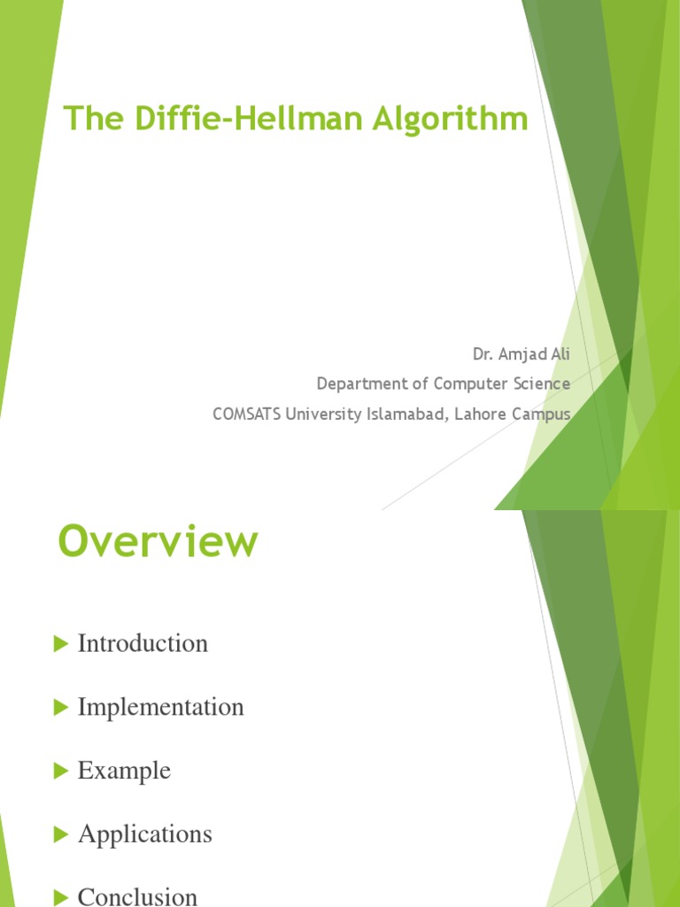 The Diffie-Hellman Algorithm: Dr. Amjad Ali Department of Computer ...