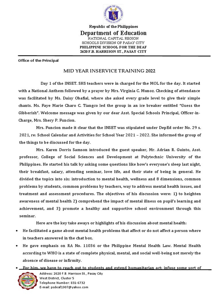 Mid Year Inset Day 1 Report | PDF | Mental Health | Bullying