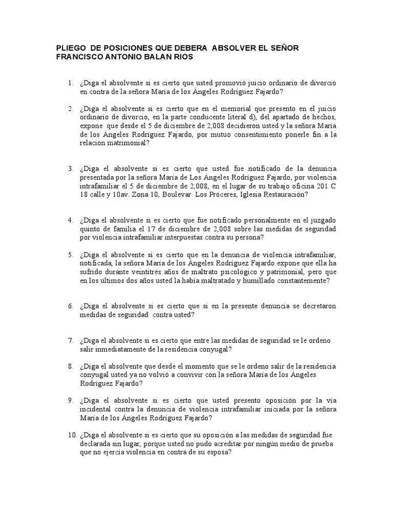 Pliego de Posiciones para Absolver | PDF | Divorcio | Violencia doméstica