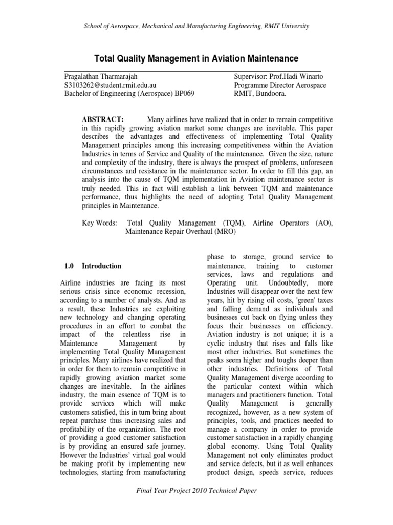 TQM in Aviation Maintenance Challenges | PDF | Quality Management ...