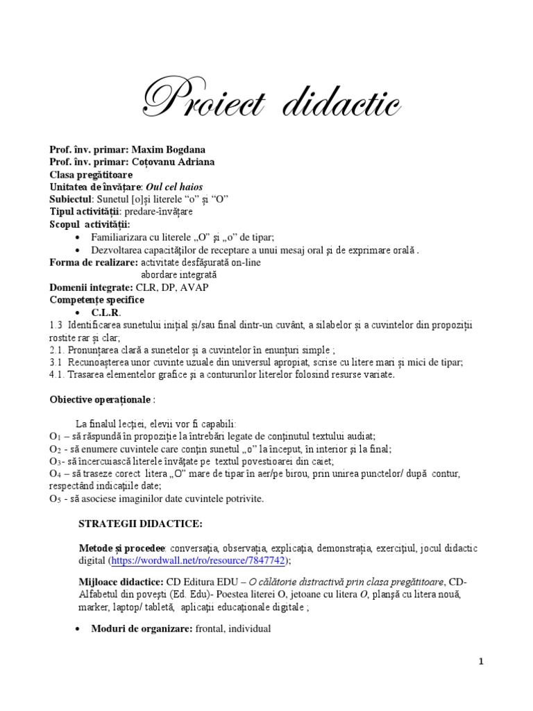 Proiect Didactic Sunetul Si Litera o Compress | PDF
