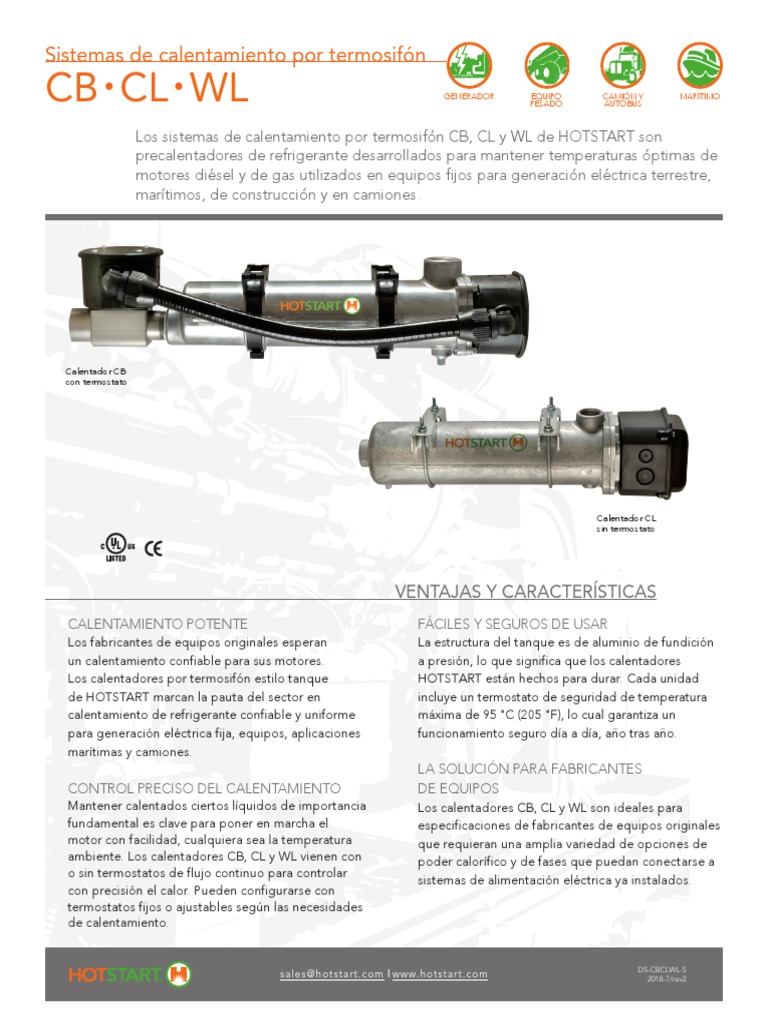 HOTSTART Data Sheet CB CL WL Engine Heater ES | PDF | Termostato | Camión