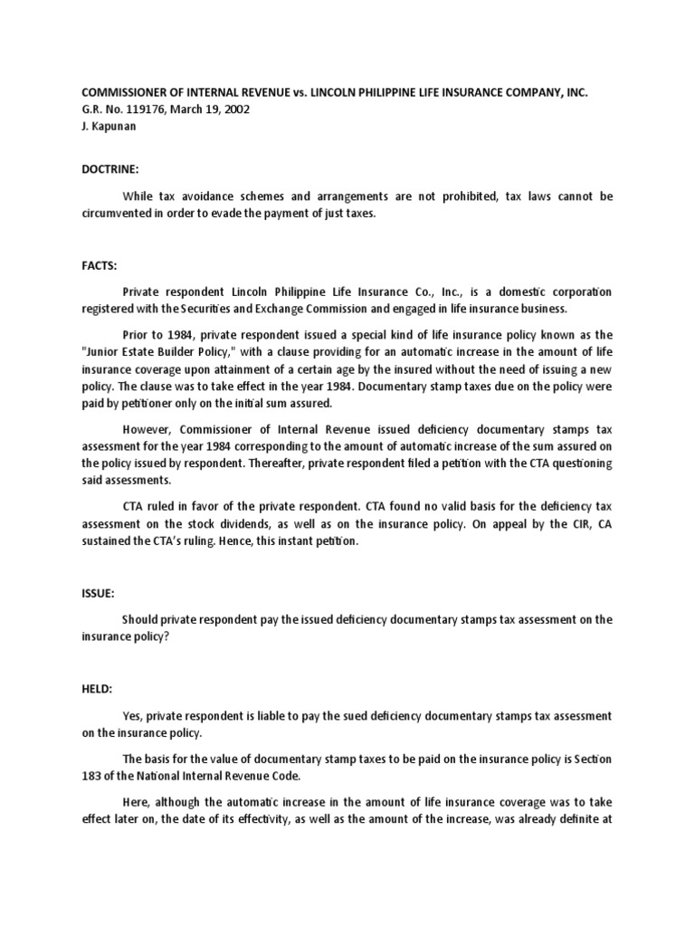 CIR vs. Lincoln Philippine Life Insurance Company, Inc | PDF ...