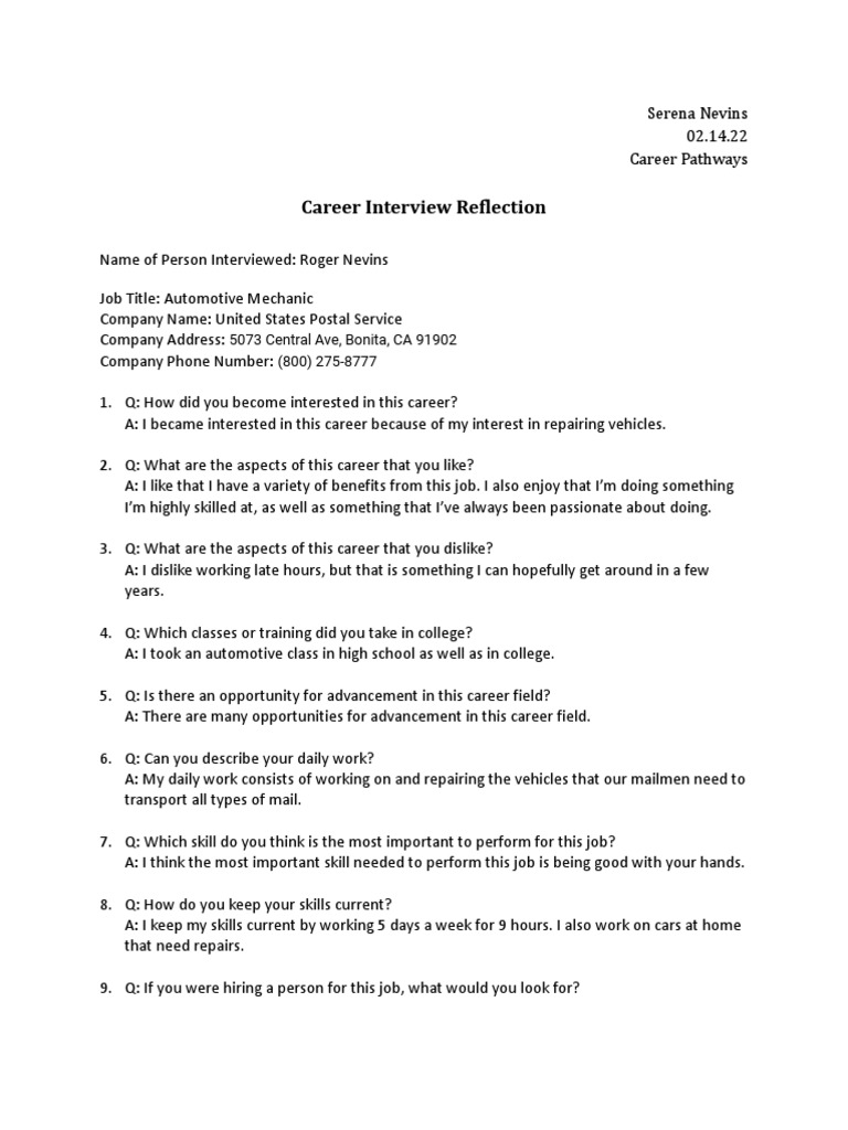 Career Interview Reflection | PDF | Car | Transport