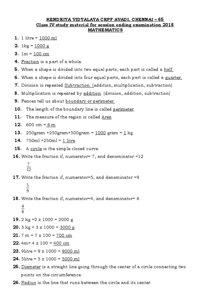 Class IV Math Study Guide | PDF | Circle | Area