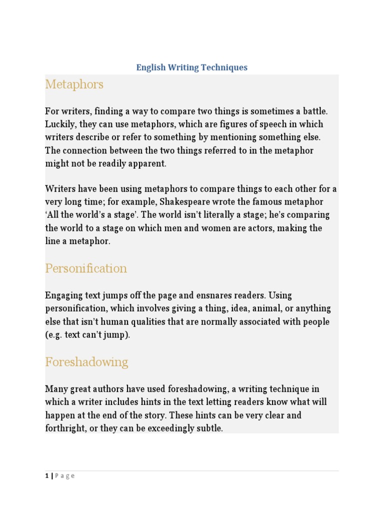 English Writing Techniques | PDF | Anthropomorphism | Writers