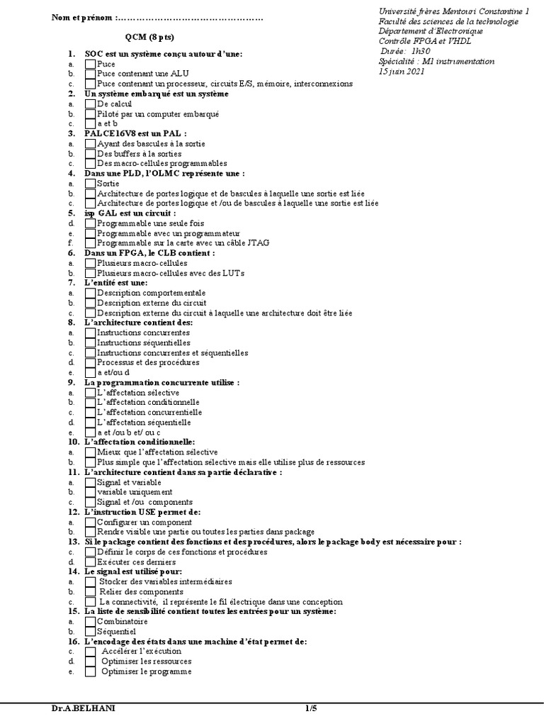 QCM et Exercices sur VHDL et FPGA | PDF | VHDL | Conception