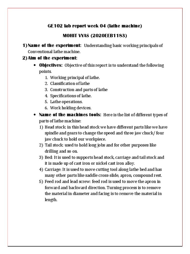 Lathe Machine Lab Report | PDF | Crafts | Secondary Sector Of The Economy