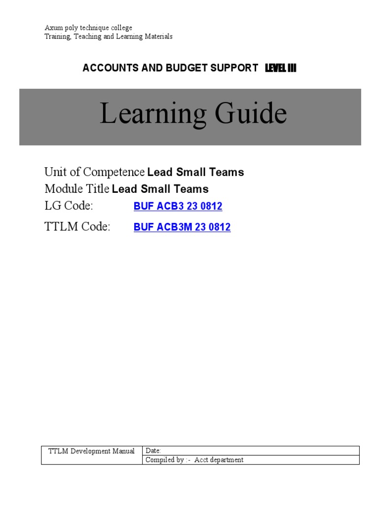 Learning Guide: Unit of Competence Module Title LG Code: TTLM Code ...