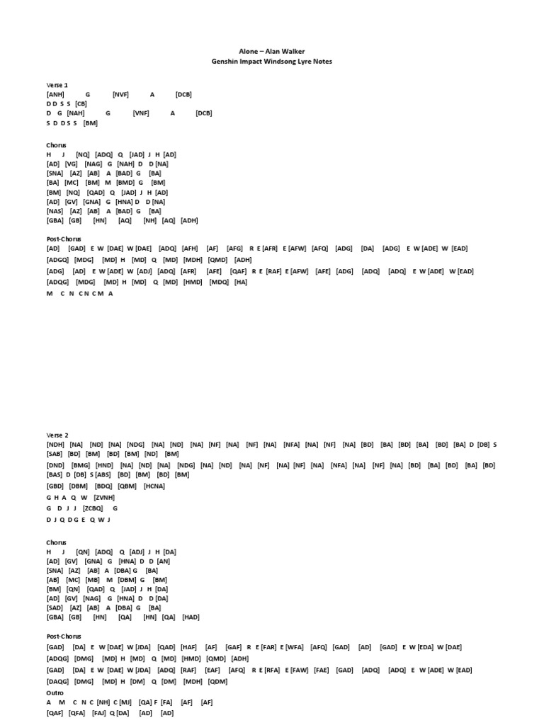 Genshin Impact Alone Alan Walker Notes PC | PDF | Song Structure ...