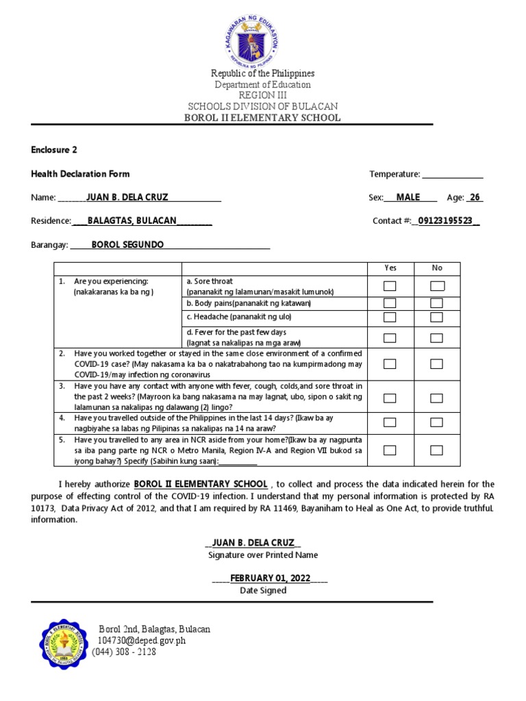 Health Declaration Form for DepEd | PDF | Diseases And Disorders ...