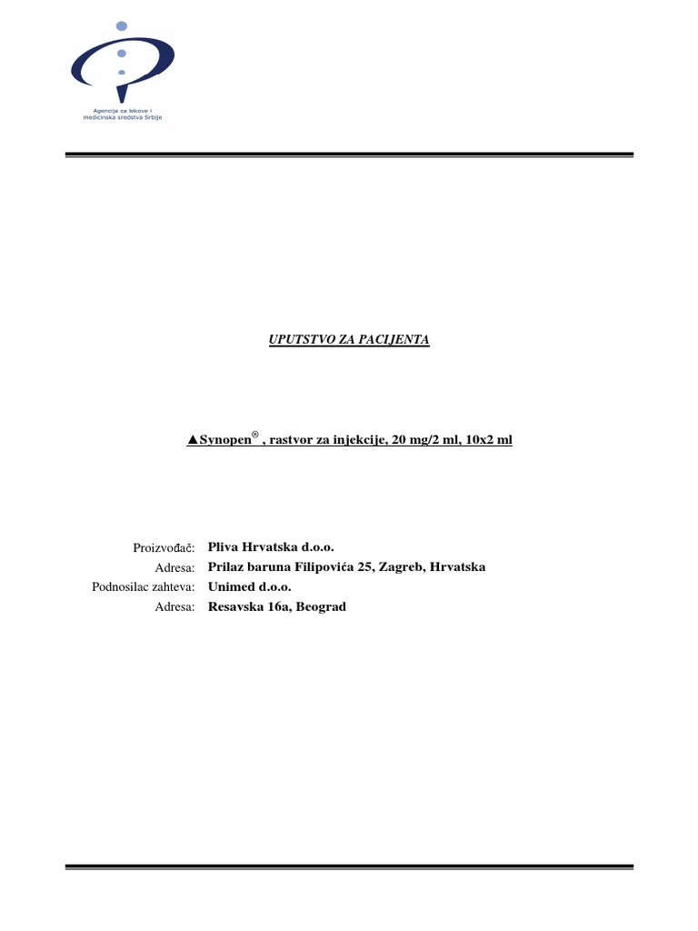 Synopen:, Rastvor Za Injekcije, 20 mg/2 ML, 10x2 ML | PDF
