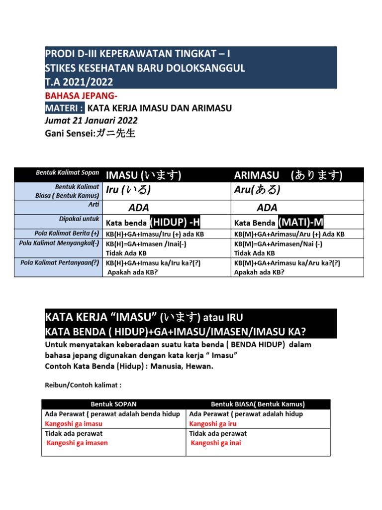 Materi Kata Kerja Imasu Dan Arimasu 2022 Tingkat I | PDF | Seni ...