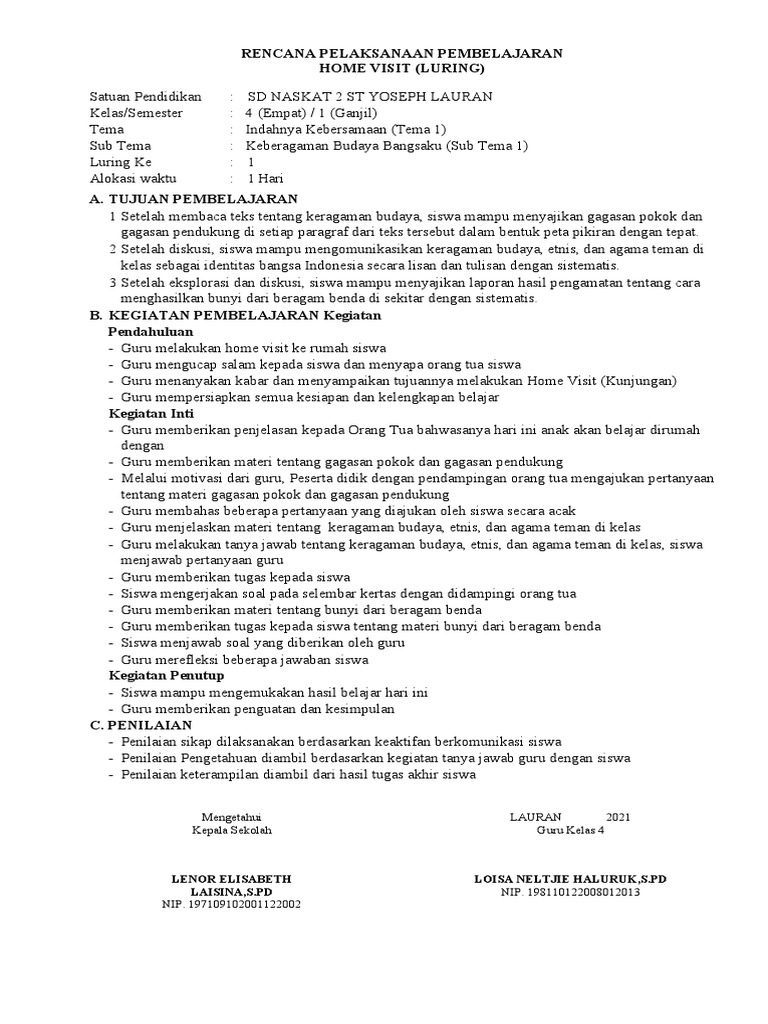 RPP Luring Kelas 4 Tema 1 | PDF | Seni & Disiplin Bahasa