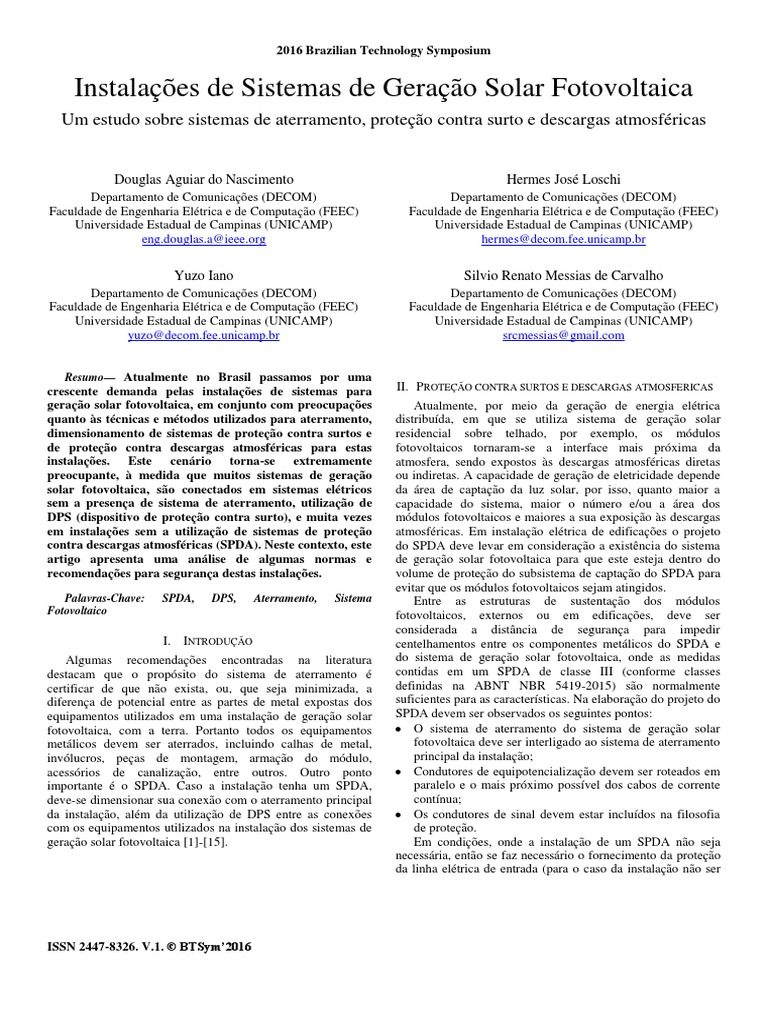 Artigo Instalacao UFV Aterramento SPDA e DPS 2016 | PDF | Engenharia Elétrica | Eletromagnetismo
